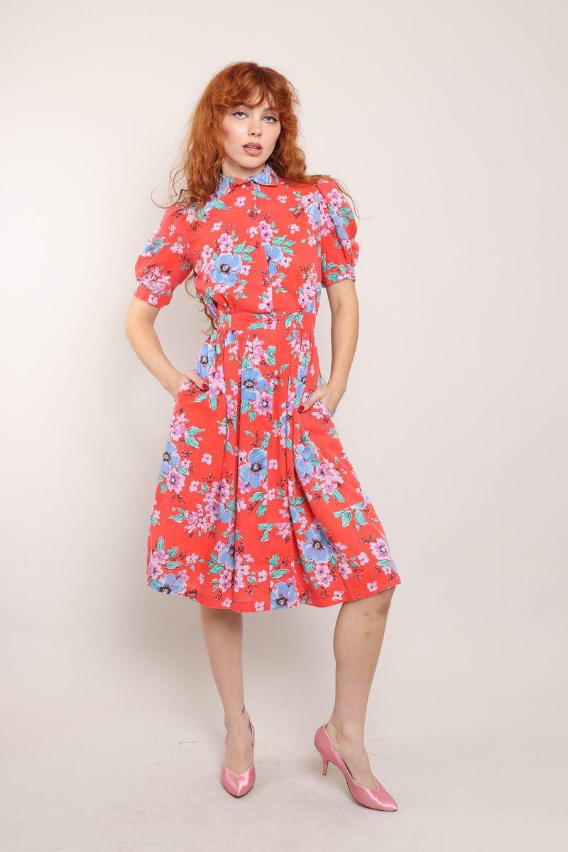 80s Red Floral Dress – Luxie Vintage